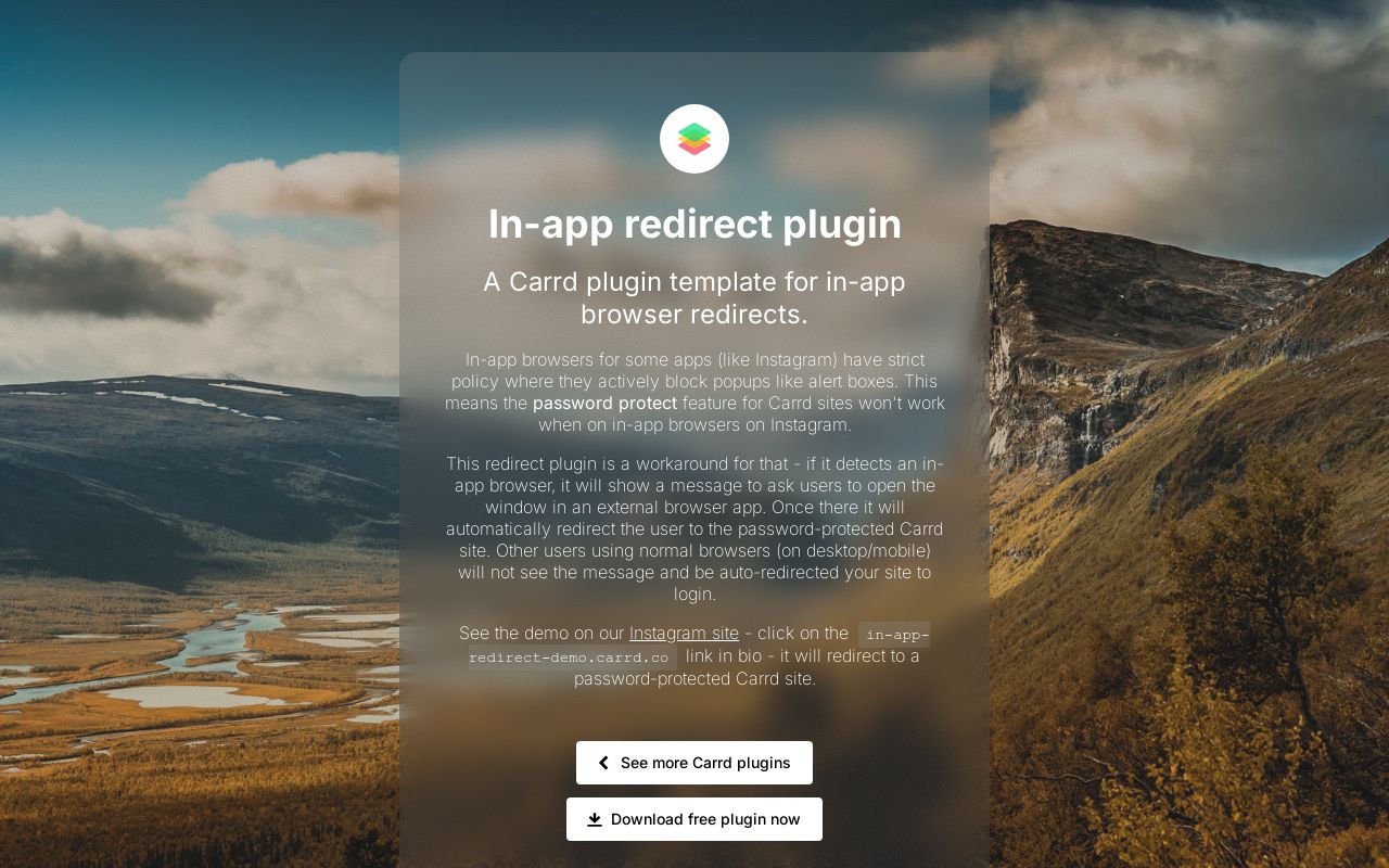 In-app browser redirect Carrd plugin template